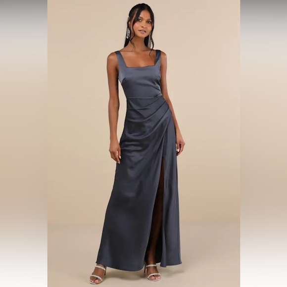 Lulus | Dresses | Lulus Red Carpet Romance Dark Grey Satin Square Neck Maxi Dress | Poshmark